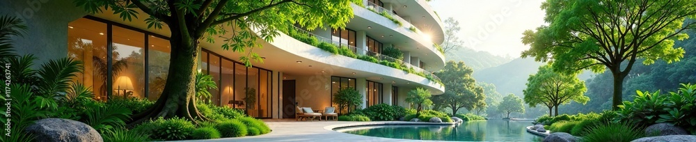 La planta de bamb? se eleva sobre la c?pula curva de un edificio moderno, arquitectura, urbano ...