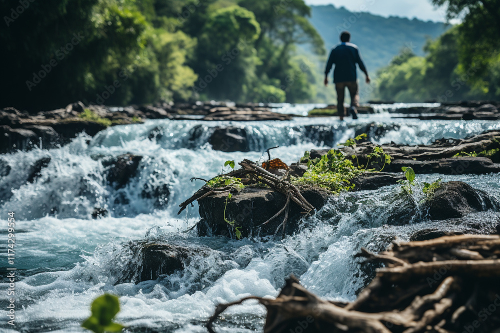 scene depicts a lively and vigorous river flowing over rocks forming ...