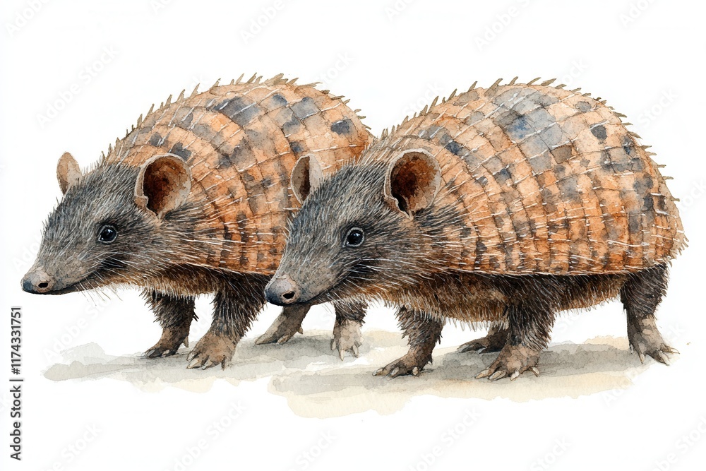 Two armored mammals with spiky shells depicted in a natural setting ...