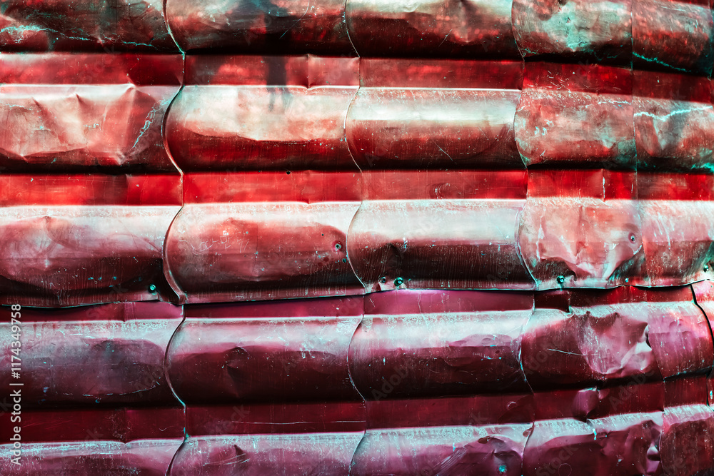 Artistic of old red metal tile fence background. Fence from corrugated ...
