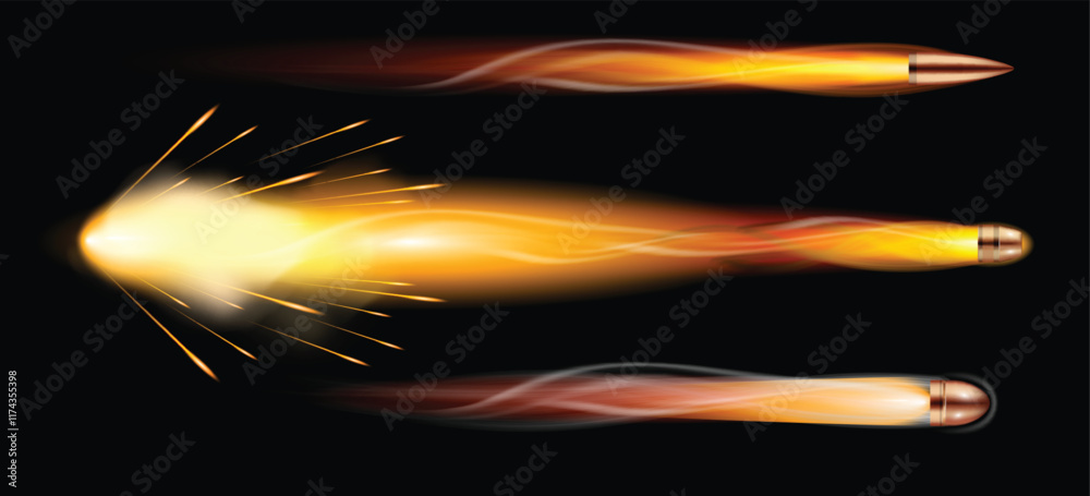 Set illustration of bullets in motion, showcasing the intense speed and ...