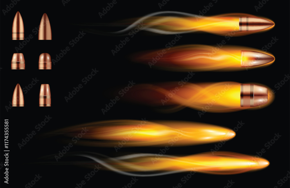 Set illustration of multiple types bullets in different stages of flight, featuring their ...