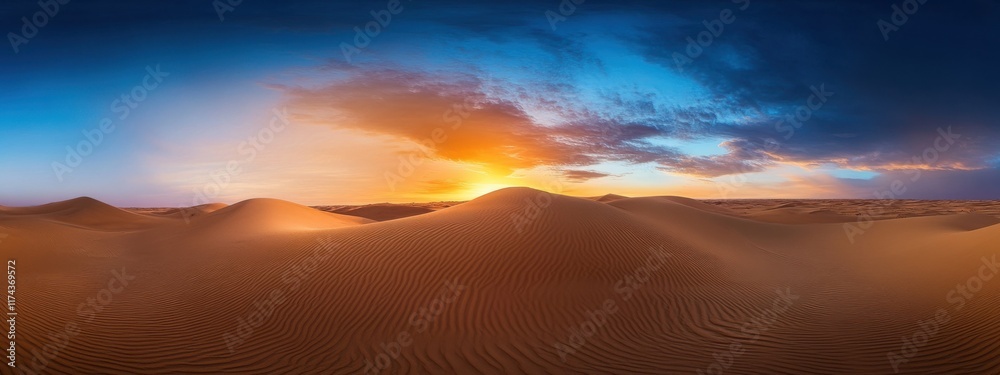 The dramatic panorama of the Sahara Desert sand dunes under a blazing sunset, Desert scene ...