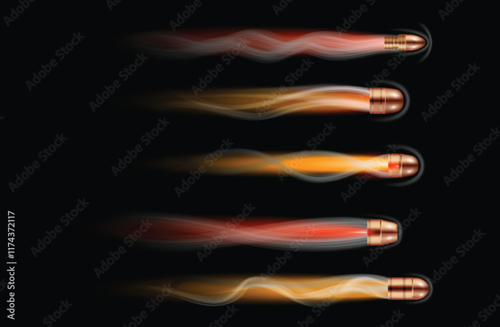Set illustration of five bullets in motion, illustrating the trajectory ...