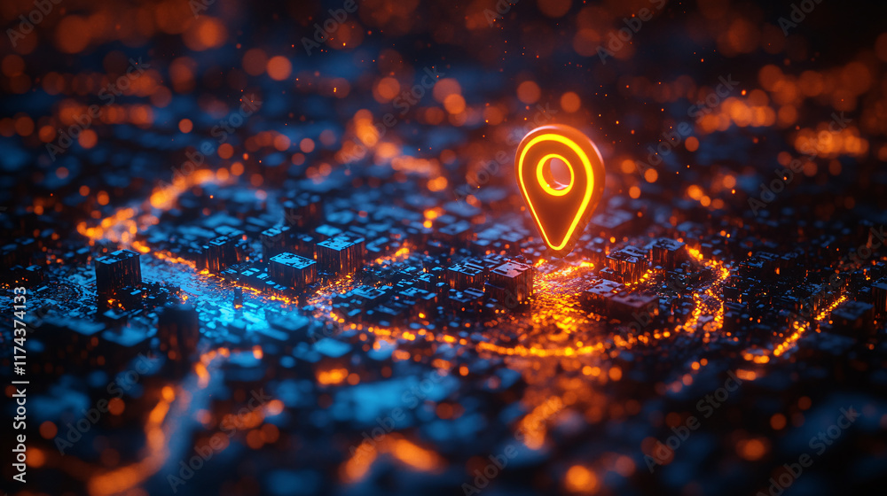 GPS with digital map and two pins. AI technology for finding addresses ...
