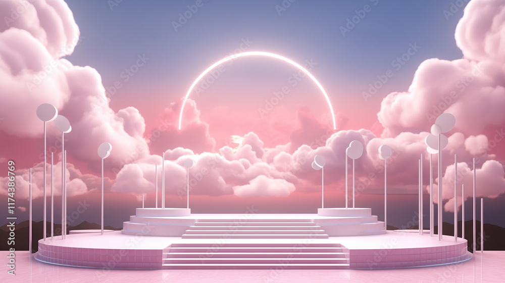 Seaside Stage Design with Futuristic Clouds and Fog, 3D Animated ...