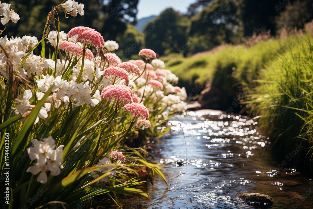A peaceful image of a calm stream encircled by tall grasses and ...