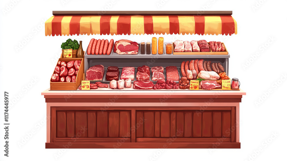 Ilustración de Stock Meat market stall, beef, pork on scales, sausages ...