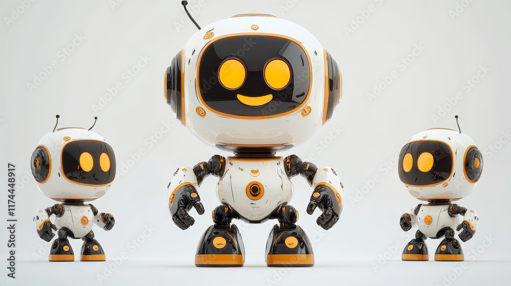 Cute robot character with smile face. 3d realistic vector set of ...