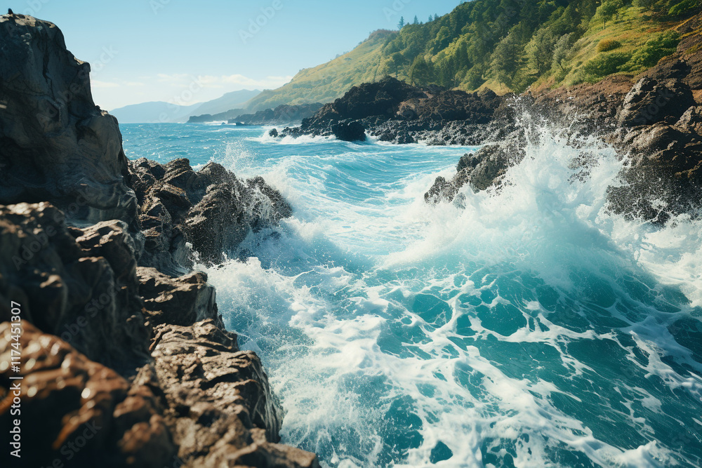 scene depicts forceful collision of ocean waves against a rugged ...