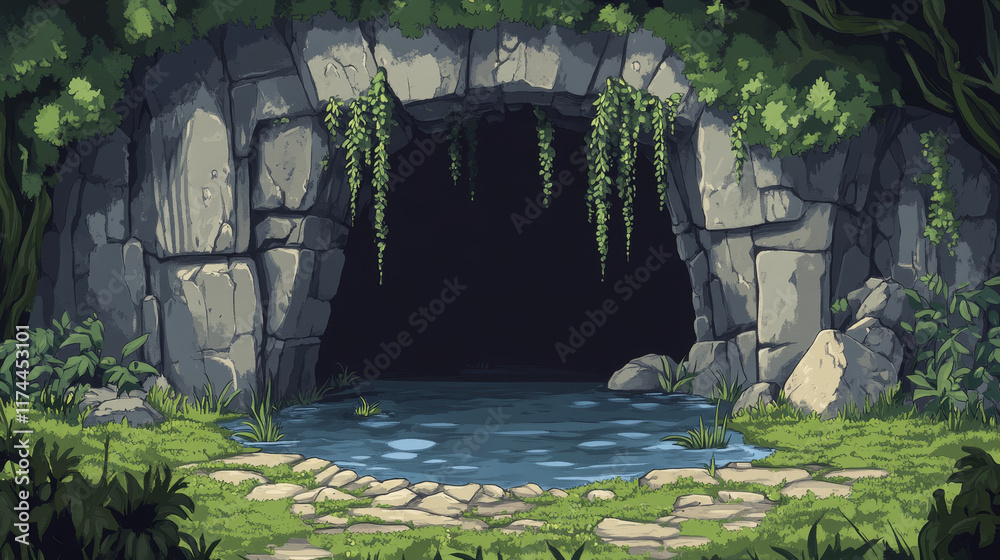 Abandoned stone cave in jungle with pond cartoon vector background ...