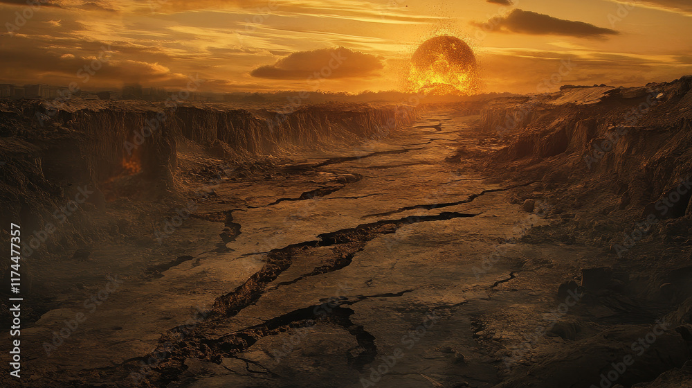 Lava in ground cracks, red volcano magma glow in cracking holes, ruined ...