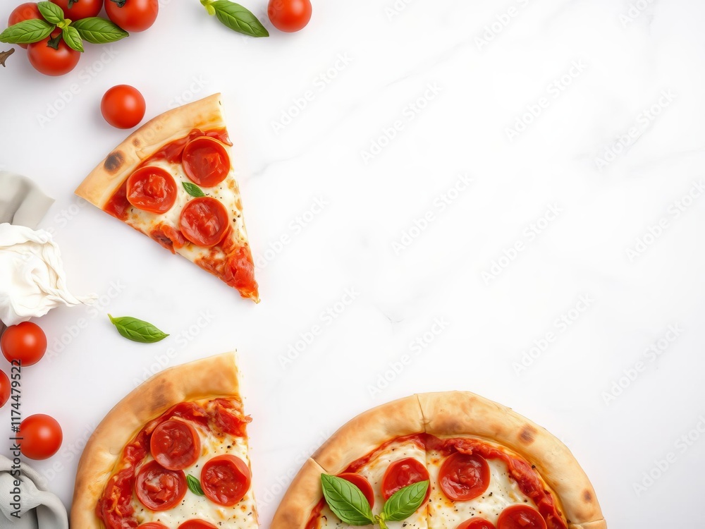 Pepperoni pizza slice border on white marble banner, top view, overhead ...