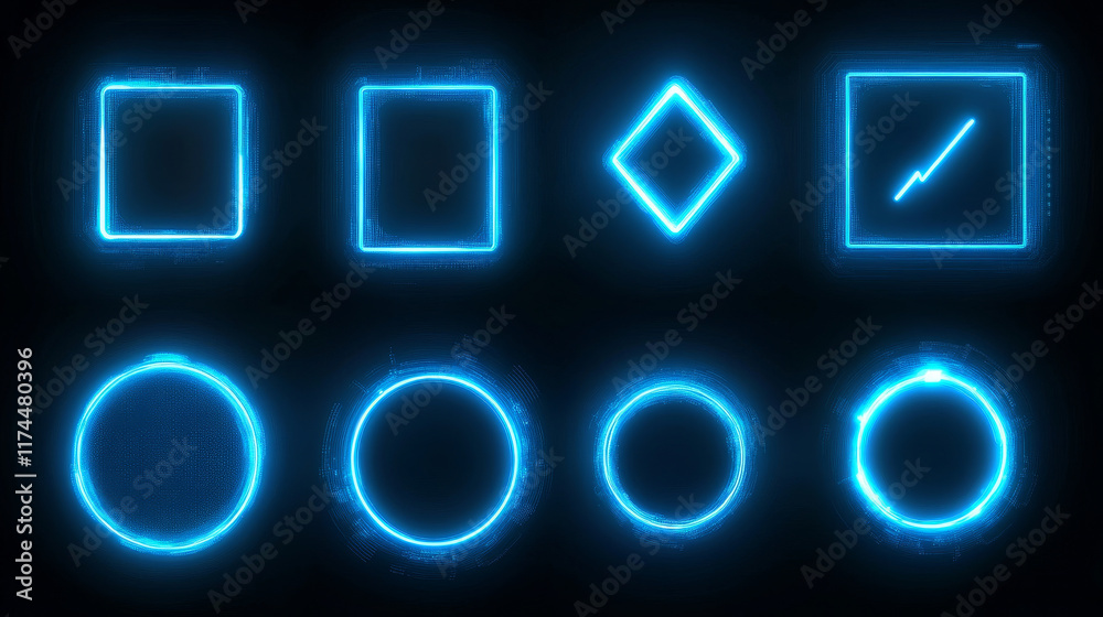 Futuristic tech game ui frames with glowing neon blue line on black ...