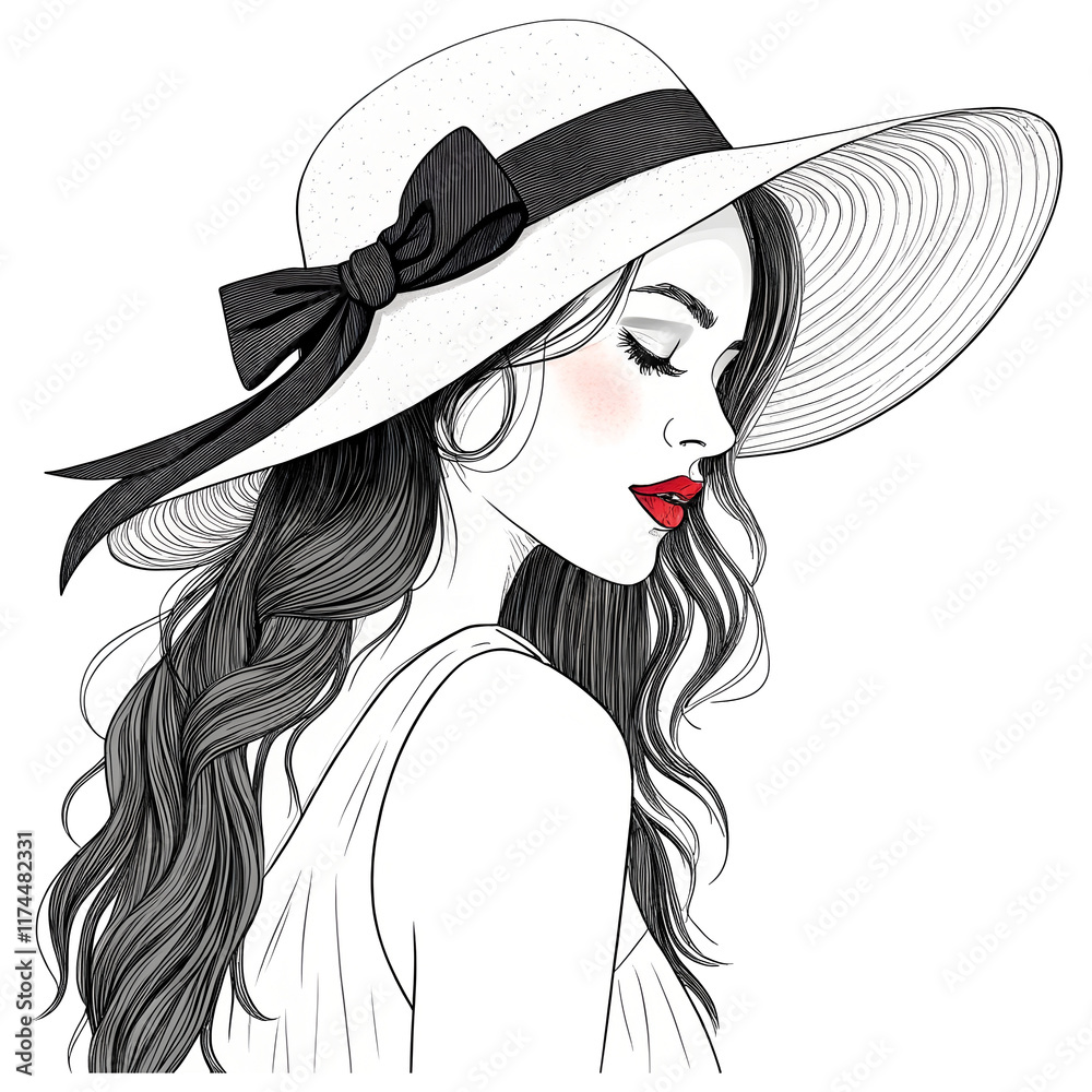 Fictional character of a woman with a hat. Black and white illustration ...