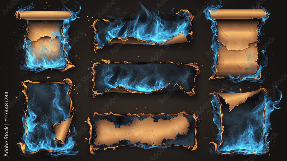 Burn paper holes and borders with blue fire. Burnt gaps with smoldering ...