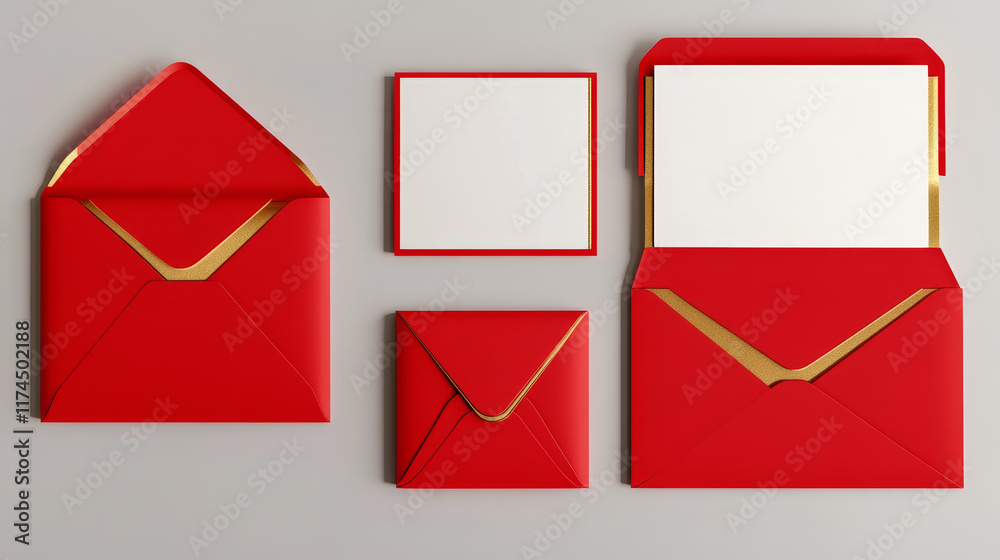 Red envelopes template set. Blank closed and open paper covers, festive ...