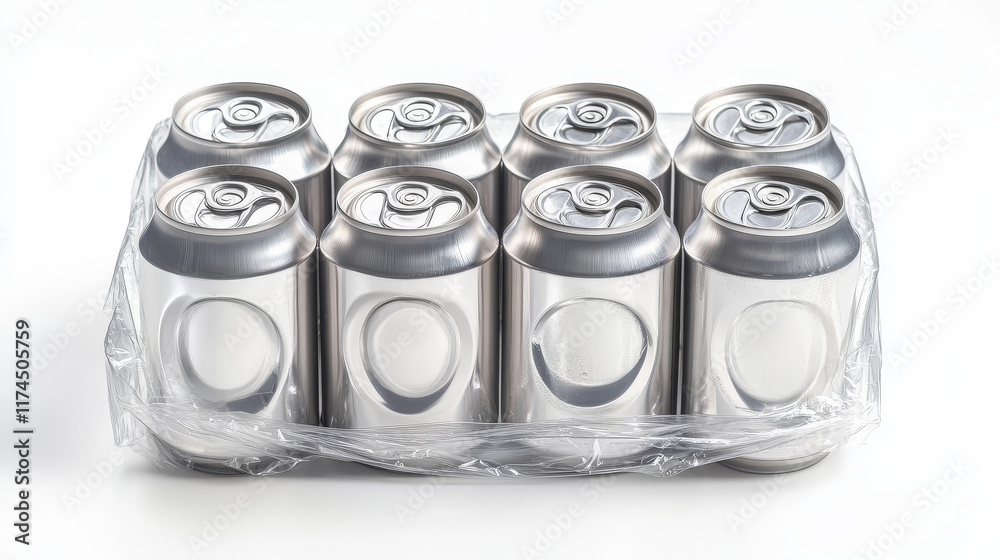 Tin cans in plastic wrap, six soda or beer metal jars front and top ...