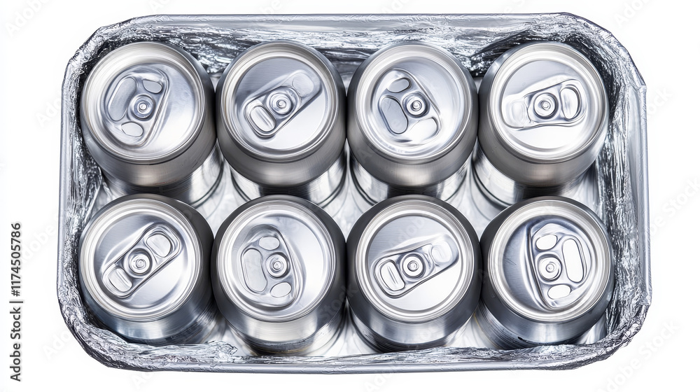 Tin cans in plastic wrap, six soda or beer metal jars front and top ...