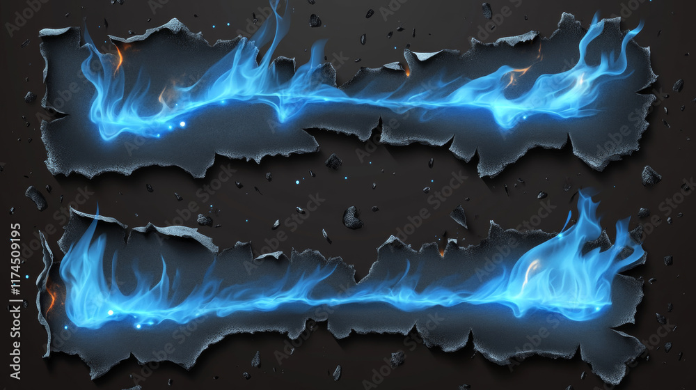 Burnt edges and holes in paper with blue fire and black ash. Borders ...
