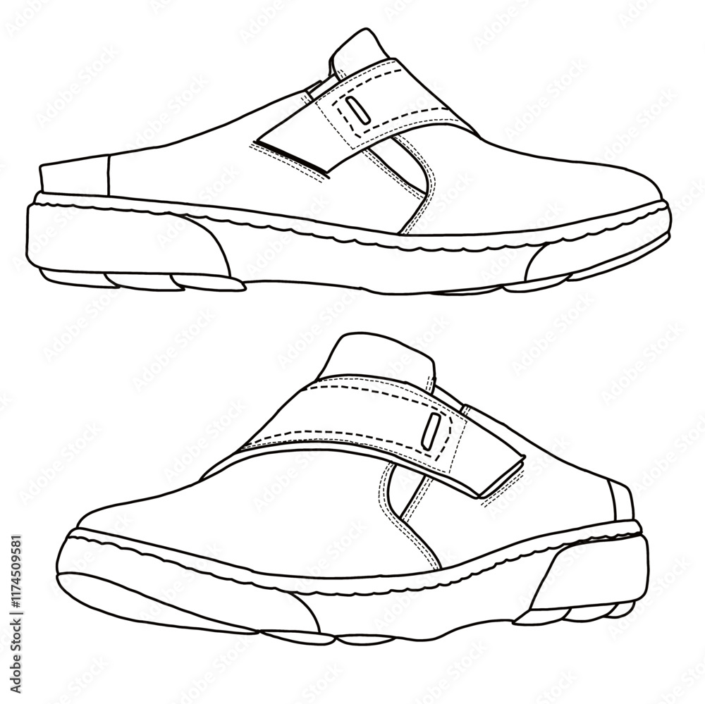 Women's mules slip on shoes Line art, Technical sketch hand drawing ...