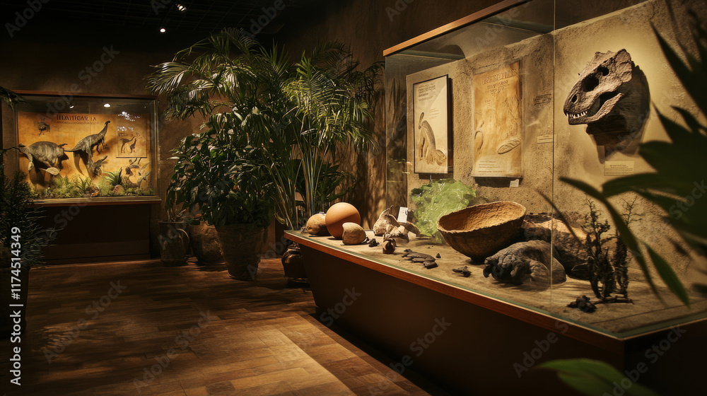 Paleontology museum interior. Vector cartoon illustration of archeology ...