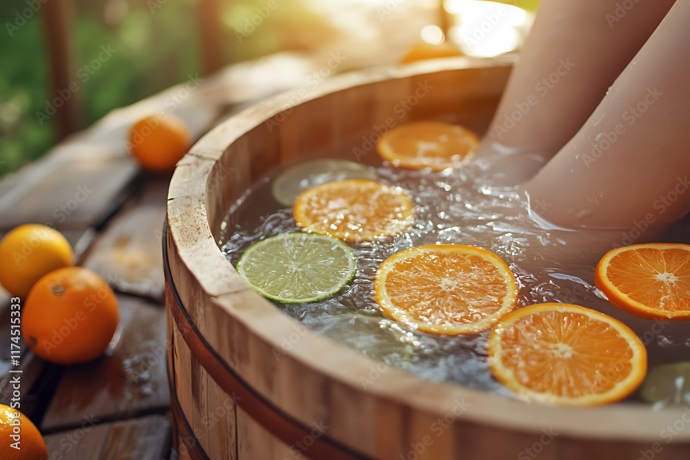 Feet soaking in a wooden tub with citrus fruits floating in the hot ...