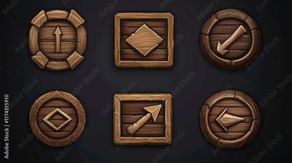 Wood button frame for game. Arrow sign board ui interface set. Round ...