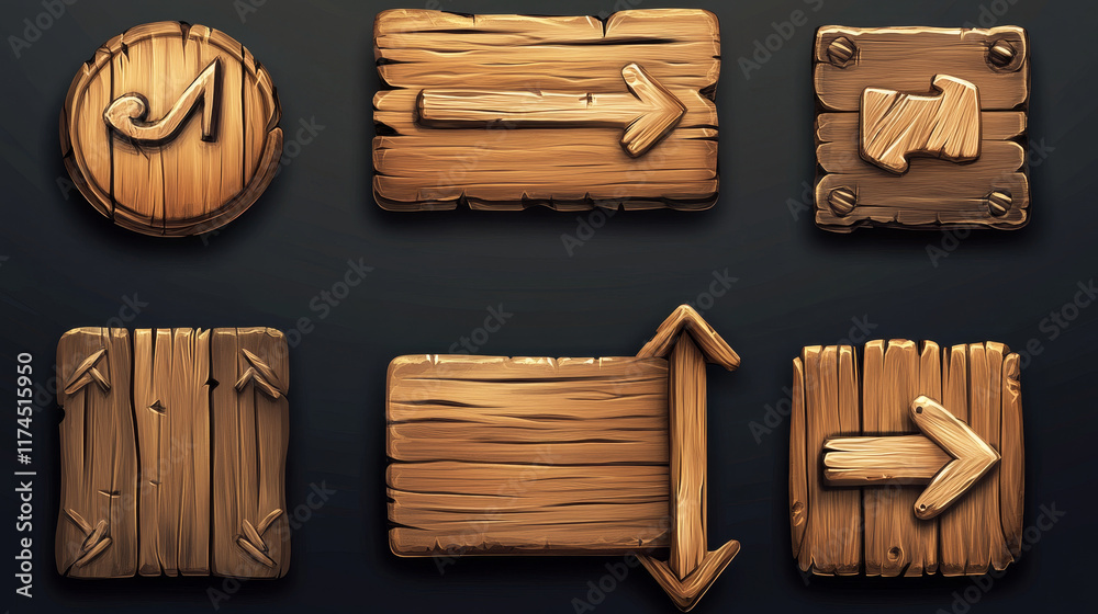 Wood button frame for game. Arrow sign board ui interface set. Round ...