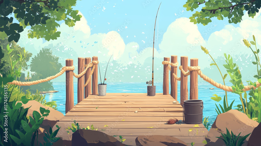 Wooden fishing pier with planks, posts and rope railings. Wharf with ...