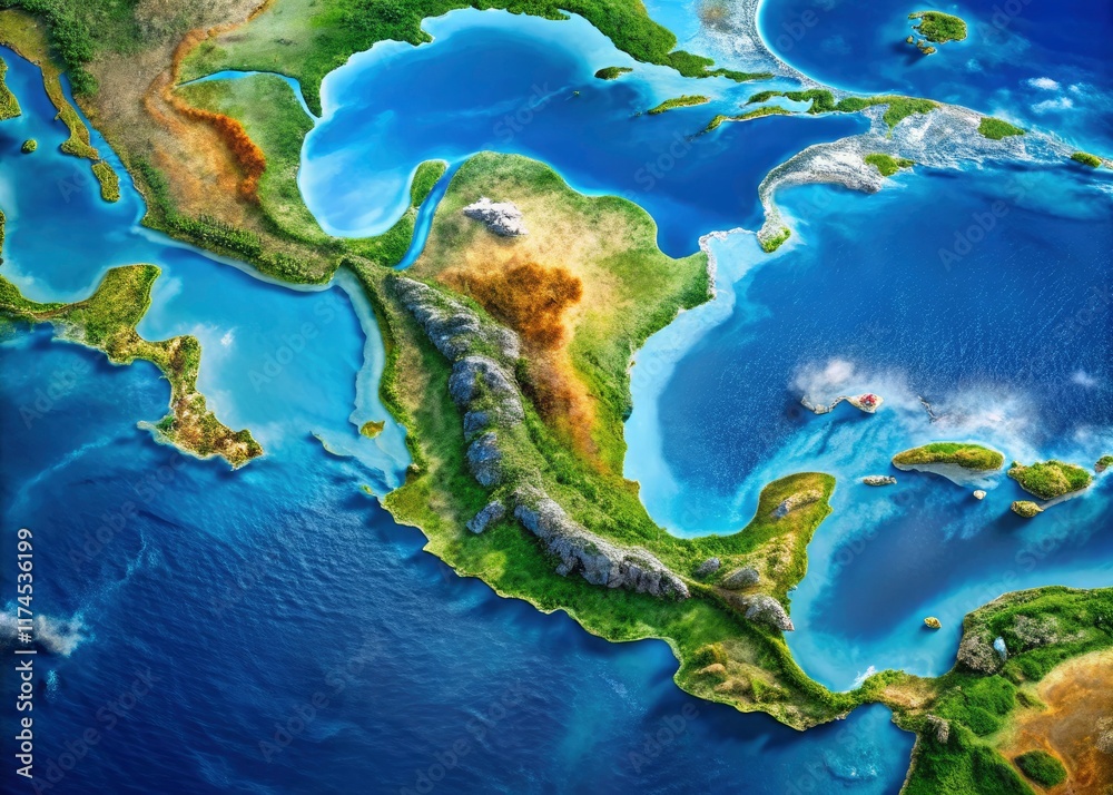 Central America's political map: a panoramic satellite image showcasing ...