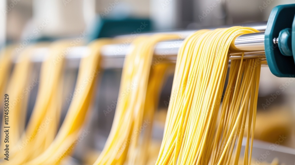 Fresh strands of yellow pasta hang from a rack, showcasing their ...