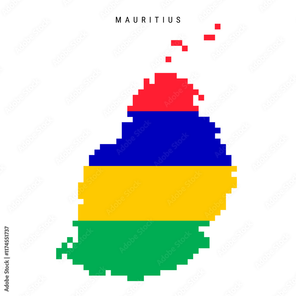 Mauritius pixel flag map icon. 8 bit pixel art Mauritian map covered with flag. Flat vector ...