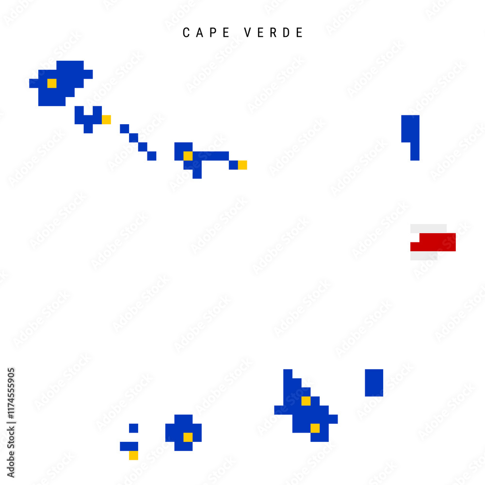 Cape Verde pixel flag map icon. 8 bit pixel art Cabo Verde map covered ...