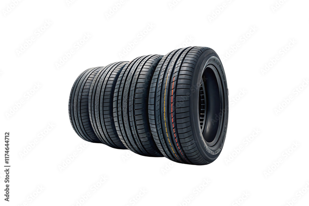 Four tires aligned in a diagonal row, revealing their sidewalls and ...