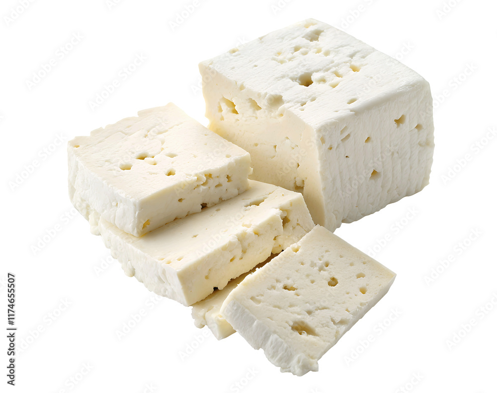 Feta cheese isolated on a white transparent background, showcasing a ...