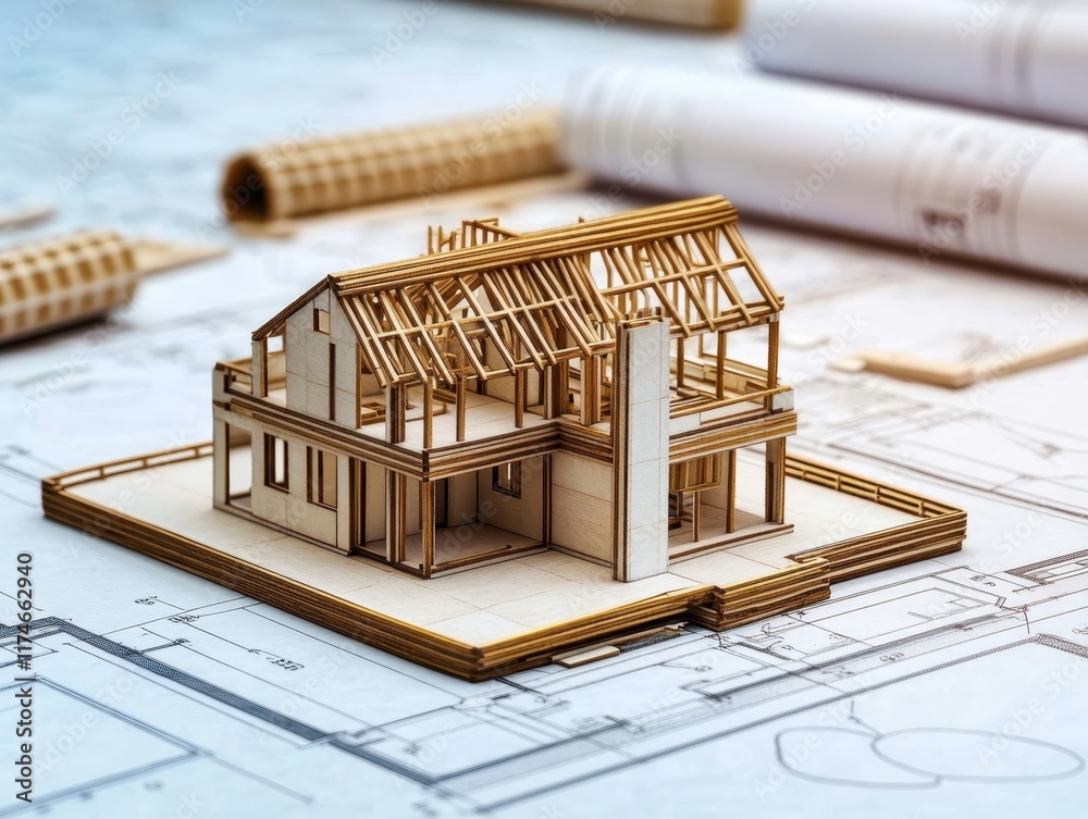 architectural model, miniature house, white cardboard, exposed interior ...