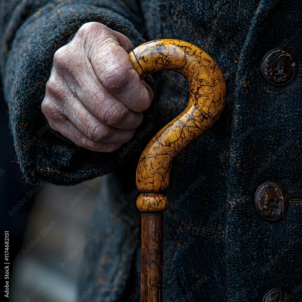 Elderly Man Holding Symbolic Question Mark Cane Representing Wisdom and ...
