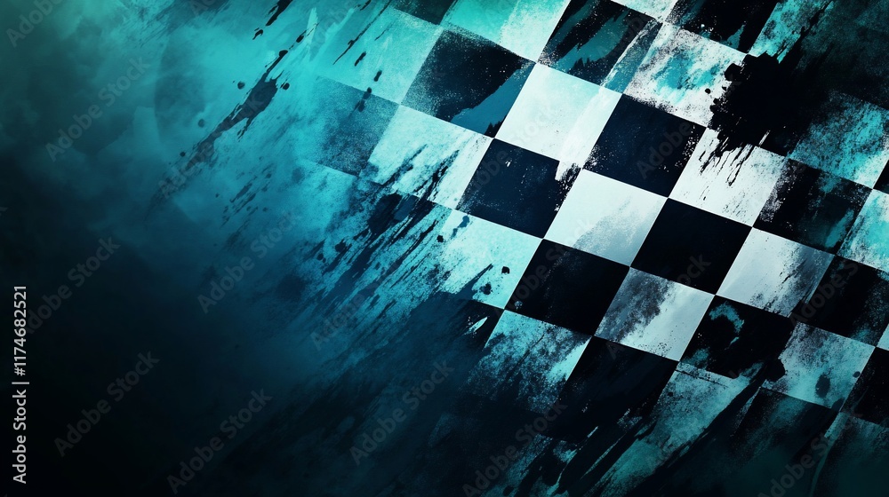 Grunge checkered flag background with teal and dark blue color palette ...