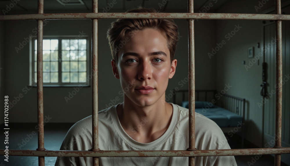 Teenage boy showing resilience behind rusty bars in detention cell ...