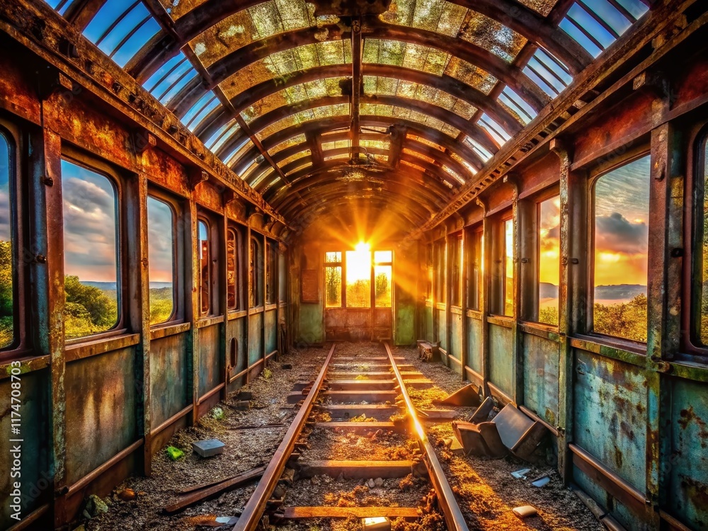 Drone View Inside Rusty Railway Freight Wagon, Abandoned Train Carriage ...