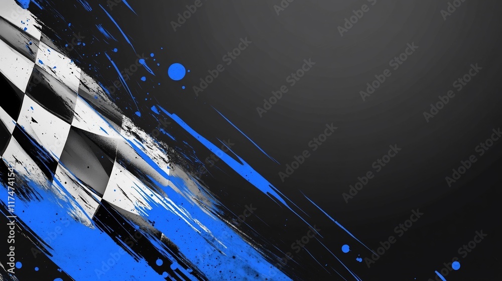 Checkered flag with dynamic blue paint splashes, dramatic abstract ...