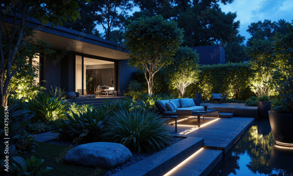 Futuristic garden in midnight blue, featuring smart irrigation systems ...