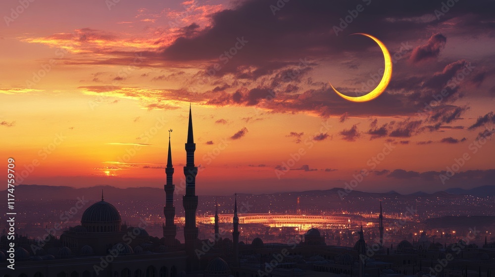 Ramadan Eid Sunset Sky Moon Crescent Hajj Kaaba Islam Desert Background ...