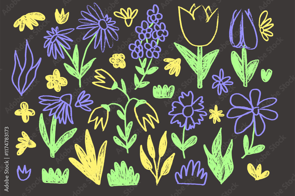 Flowers and leaves neon chalk drawn set on school blackboard. Spring ...