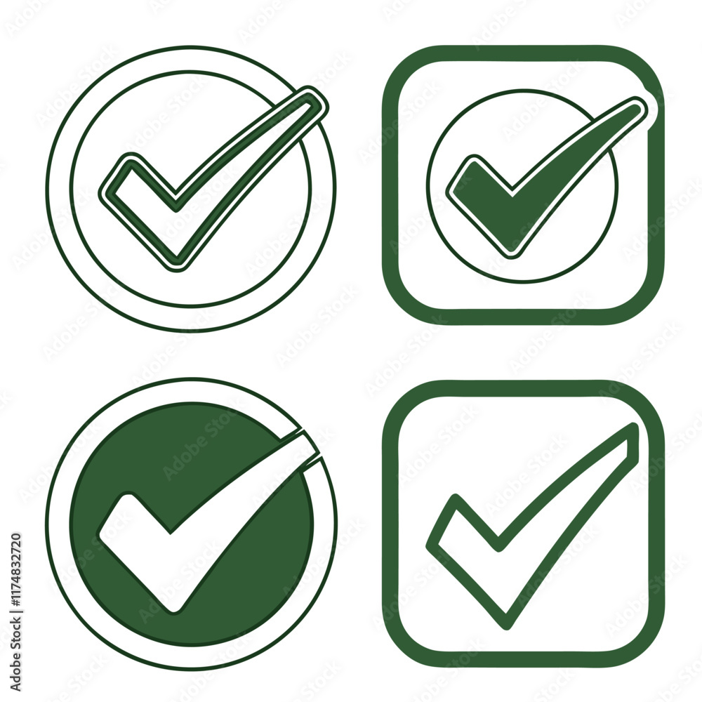 Green Tick and Check Mark Symbols -Hand-Drawn Vector Illustration Set. Isolated tick symbols ...