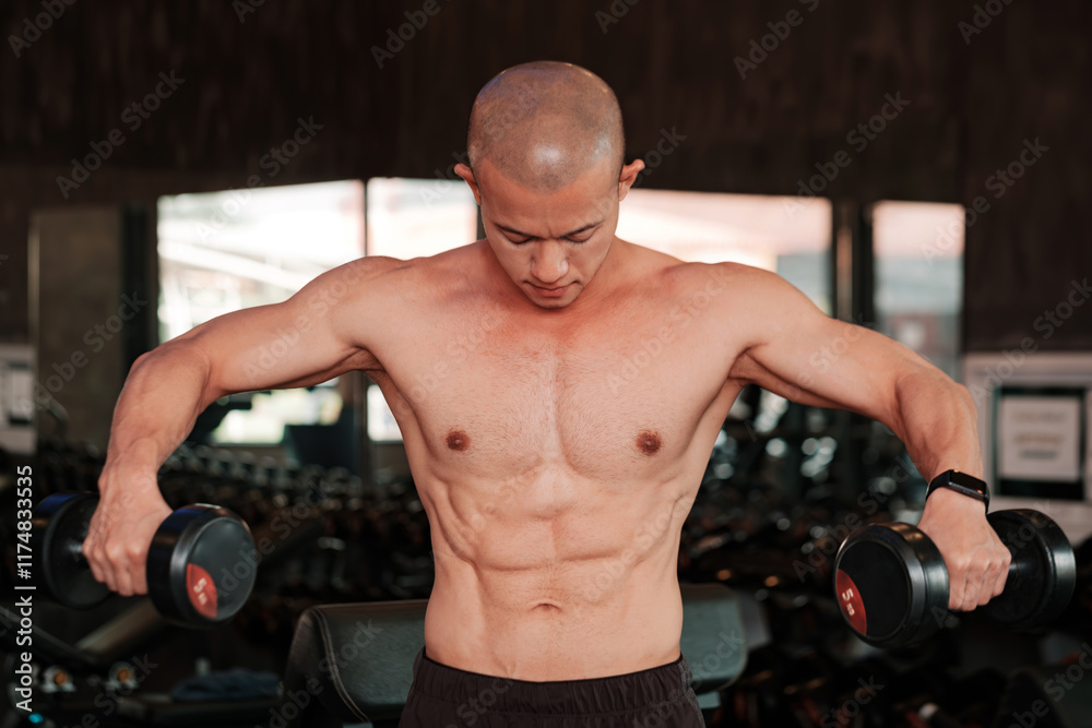 A muscular, shirtless man is doing a dumbbell lateral raise at the gym ...