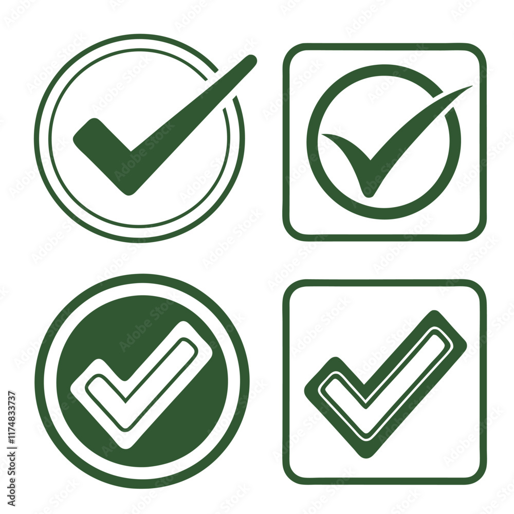 Green Tick and Check Mark Symbols -Hand-Drawn Vector Illustration Set. Isolated tick symbols ...