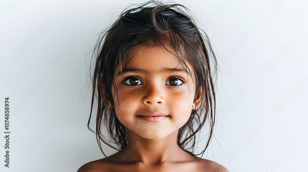 A photograph of an Indian girl child with a dirty face and unkempt hair ...