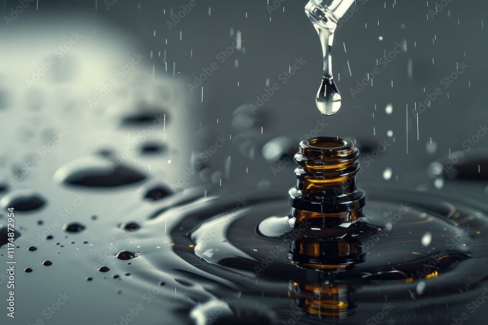 Pipette is dripping product into an open container creating water ...